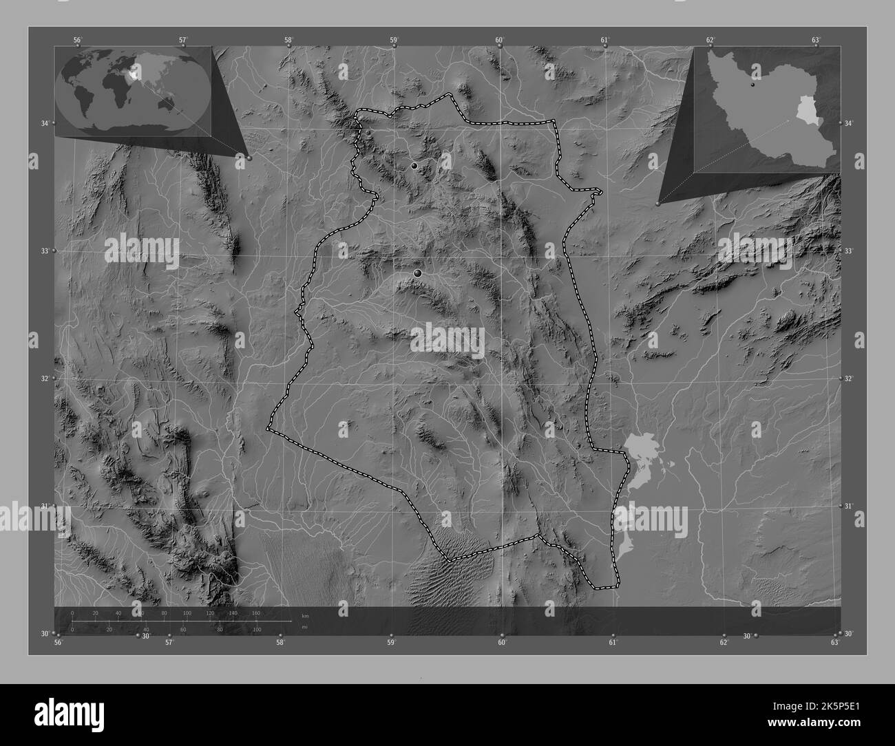 South Khorasan, province of Iran. Bilevel elevation map with lakes and ...