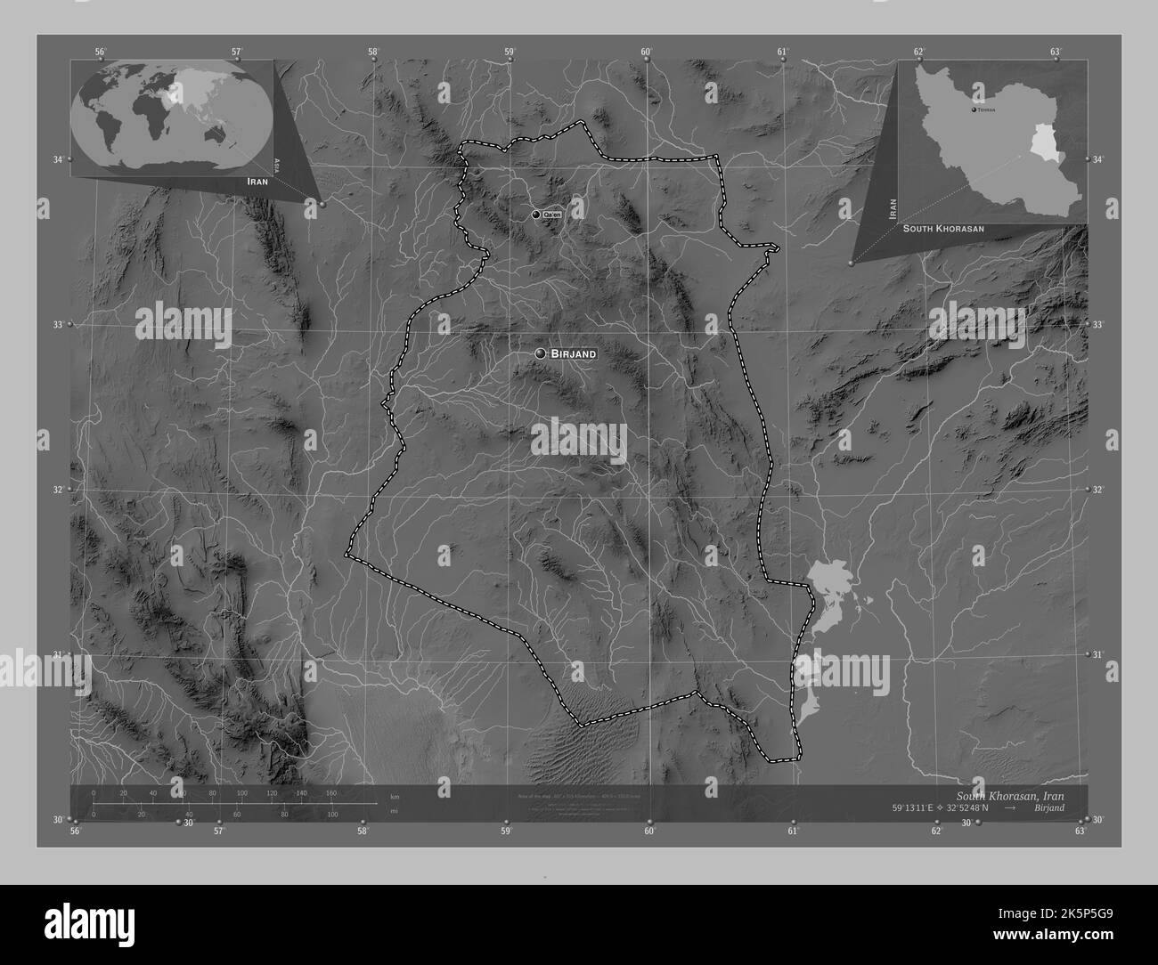 South Khorasan, province of Iran. Grayscale elevation map with lakes ...