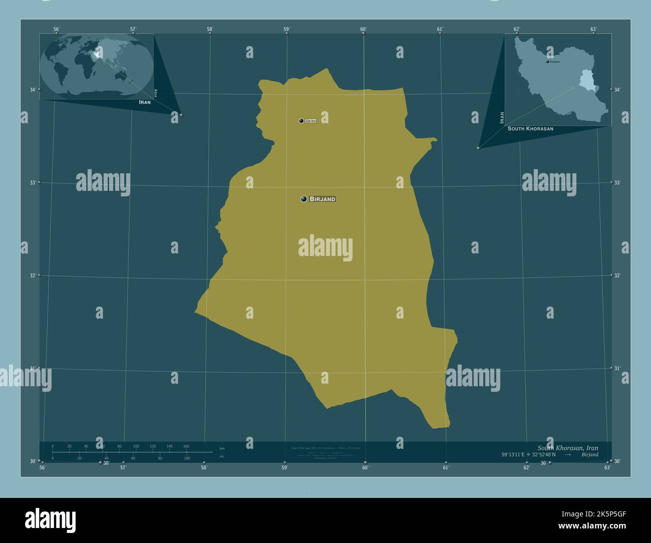 South Khorasan, province of Iran. Solid color shape. Locations and ...