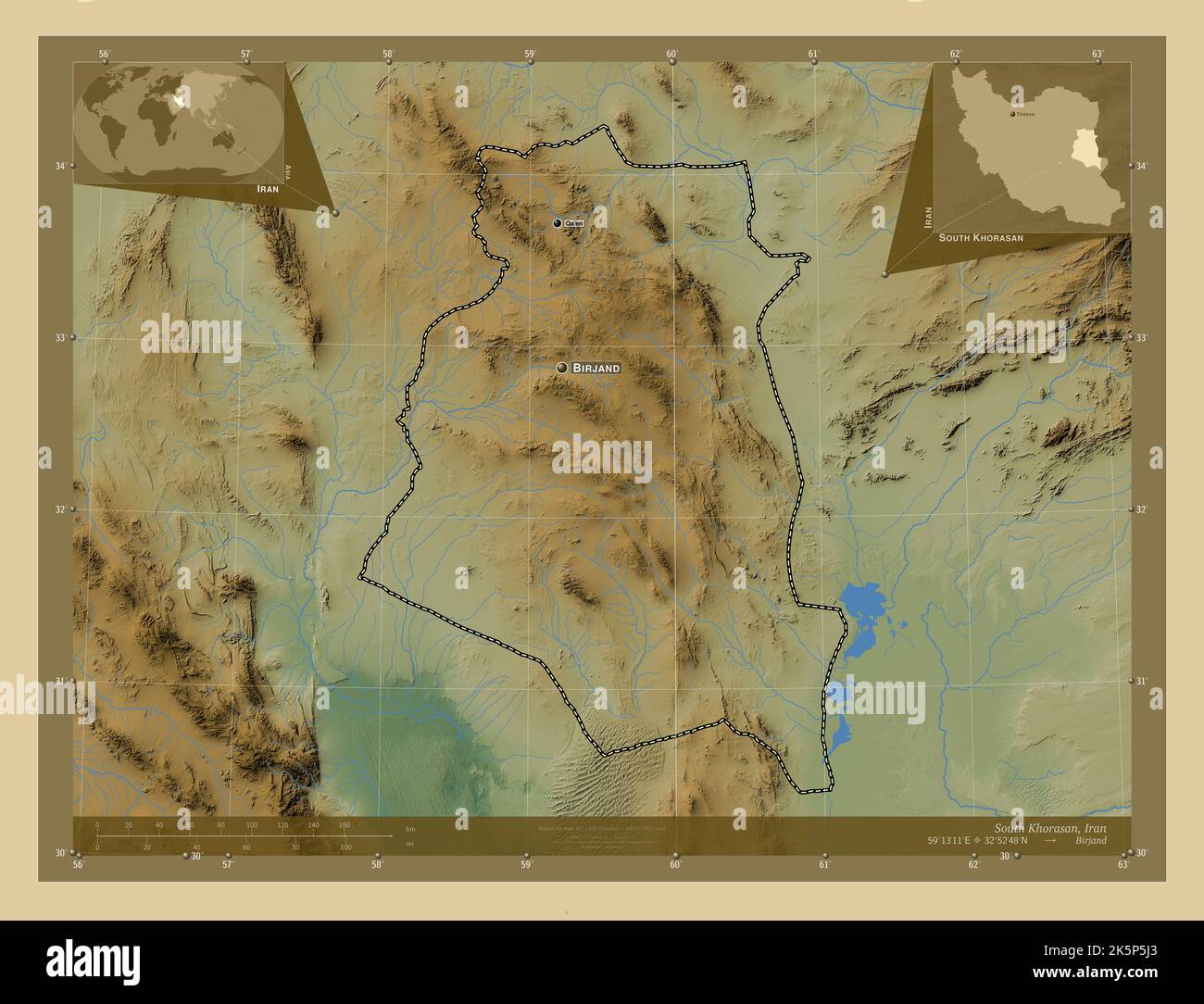 South Khorasan, province of Iran. Colored elevation map with lakes and ...