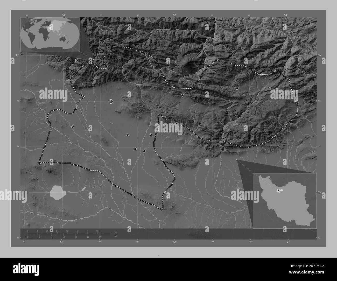 Tehran, province of Iran. Grayscale elevation map with lakes and rivers ...