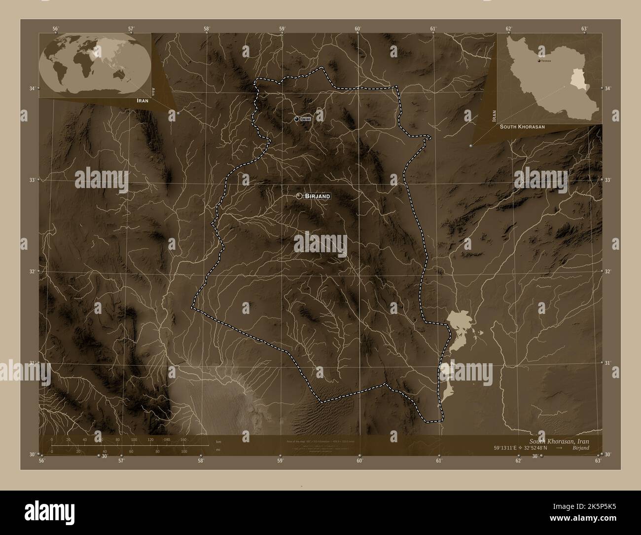 South Khorasan, province of Iran. Elevation map colored in sepia tones ...