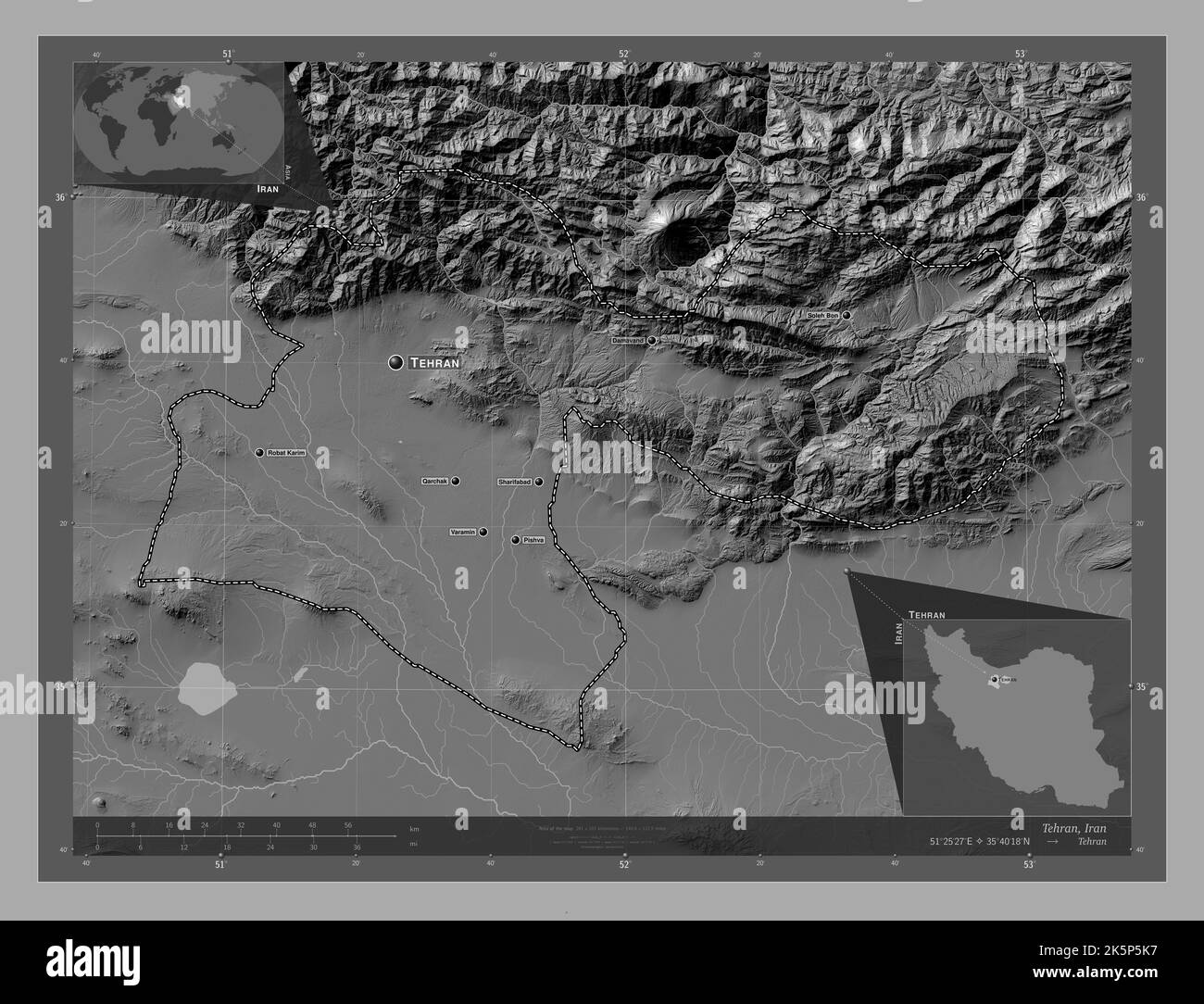 Tehran, province of Iran. Bilevel elevation map with lakes and rivers ...