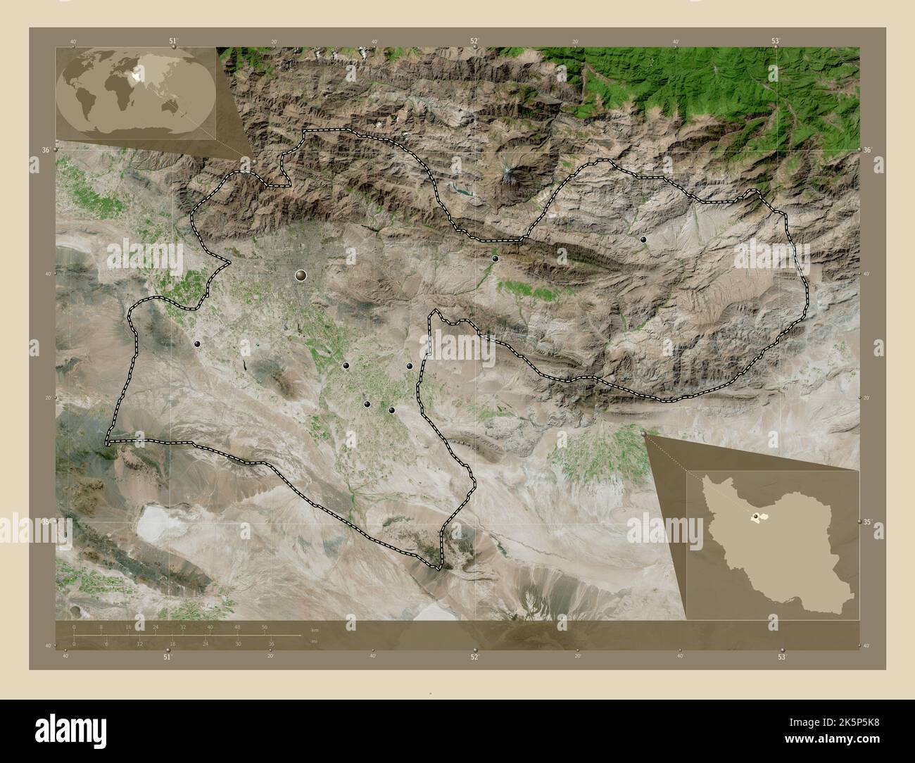 Tehran, province of Iran. High resolution satellite map. Locations of ...