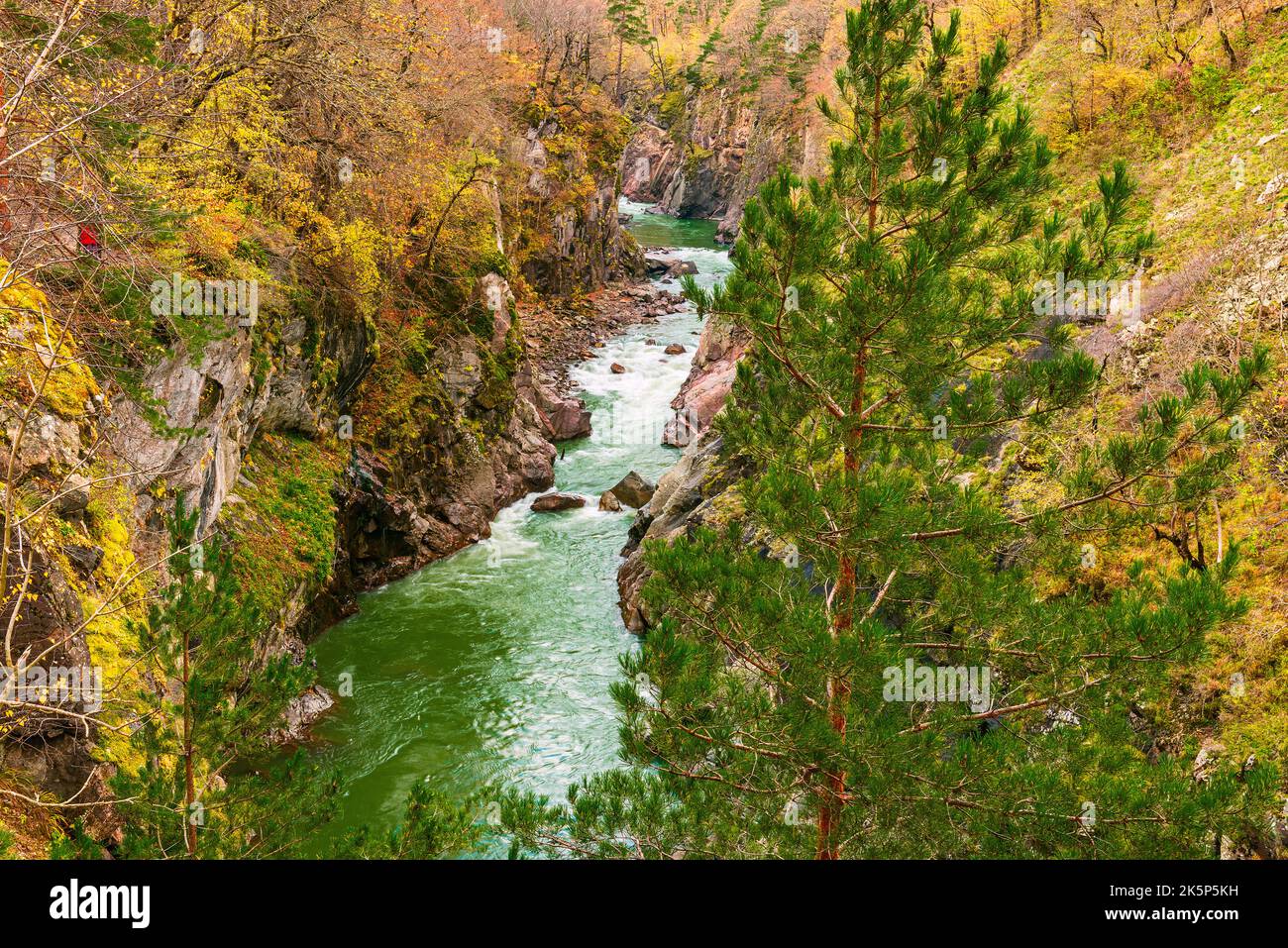 A deep mountain gorge with a river flowing through its bottom Stock ...