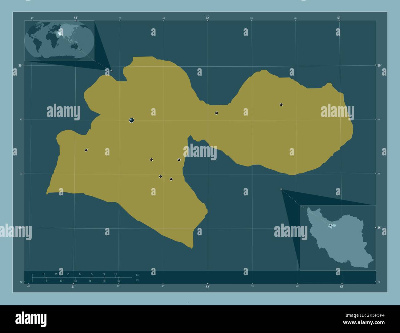 Tehran, province of Iran. Solid color shape. Locations of major cities ...