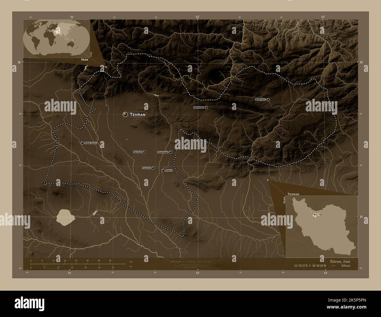 Tehran, province of Iran. Elevation map colored in sepia tones with ...