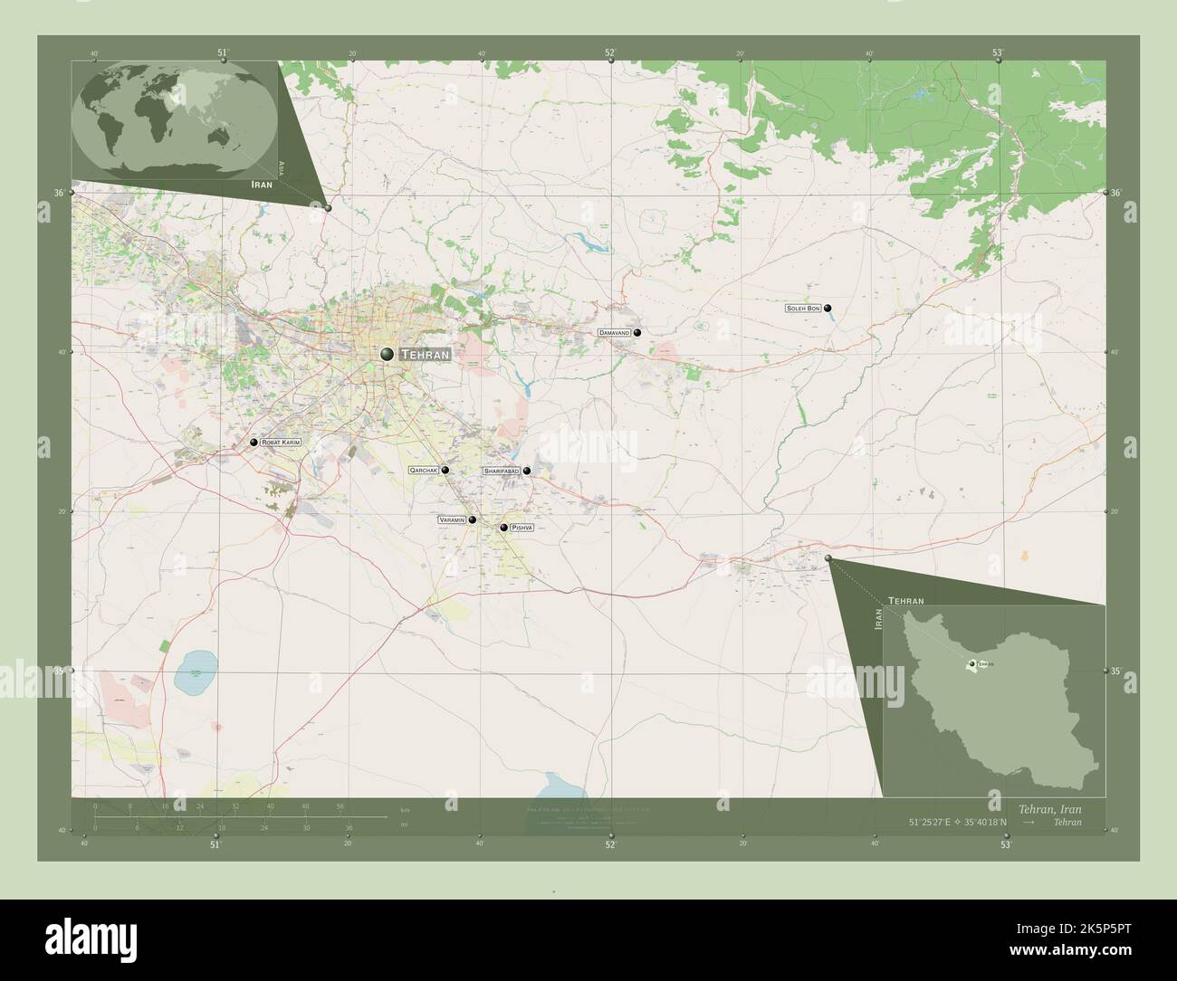 Tehran, province of Iran. Open Street Map. Locations and names of major ...