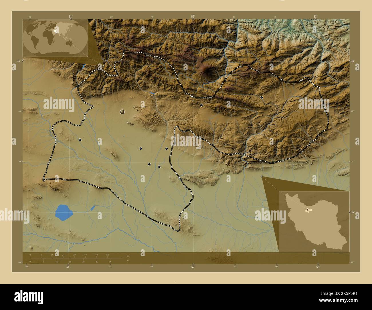 Tehran, province of Iran. Colored elevation map with lakes and rivers ...