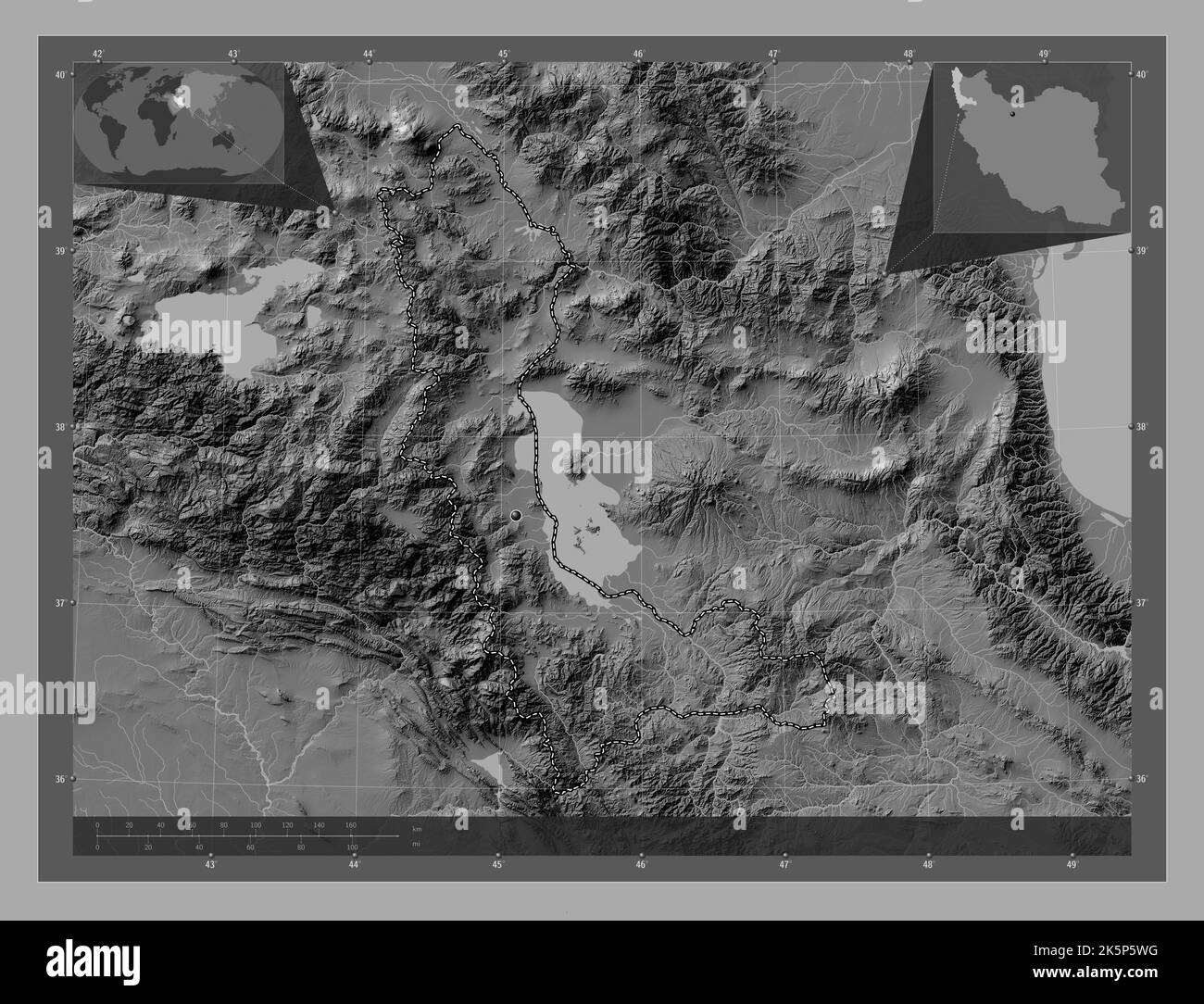 West Azarbaijan, province of Iran. Bilevel elevation map with lakes and ...