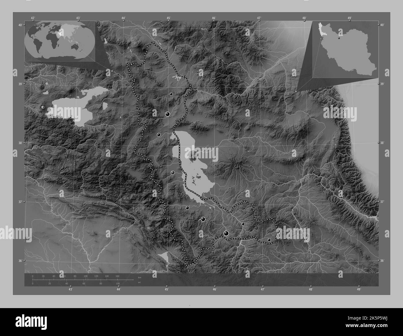 West Azarbaijan, province of Iran. Grayscale elevation map with lakes ...