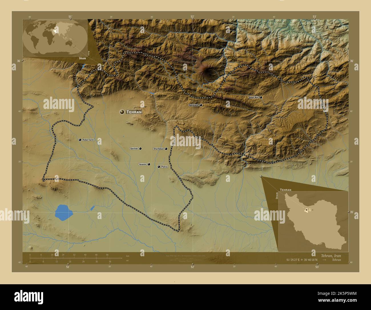 Tehran, province of Iran. Colored elevation map with lakes and rivers ...