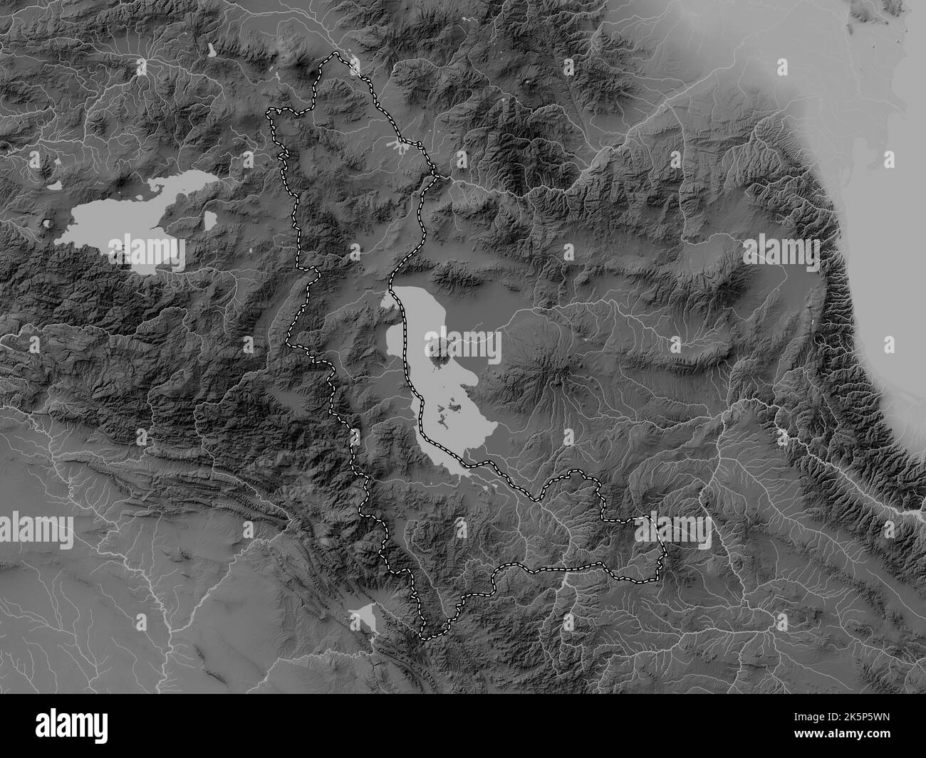 West Azarbaijan, province of Iran. Grayscale elevation map with lakes ...