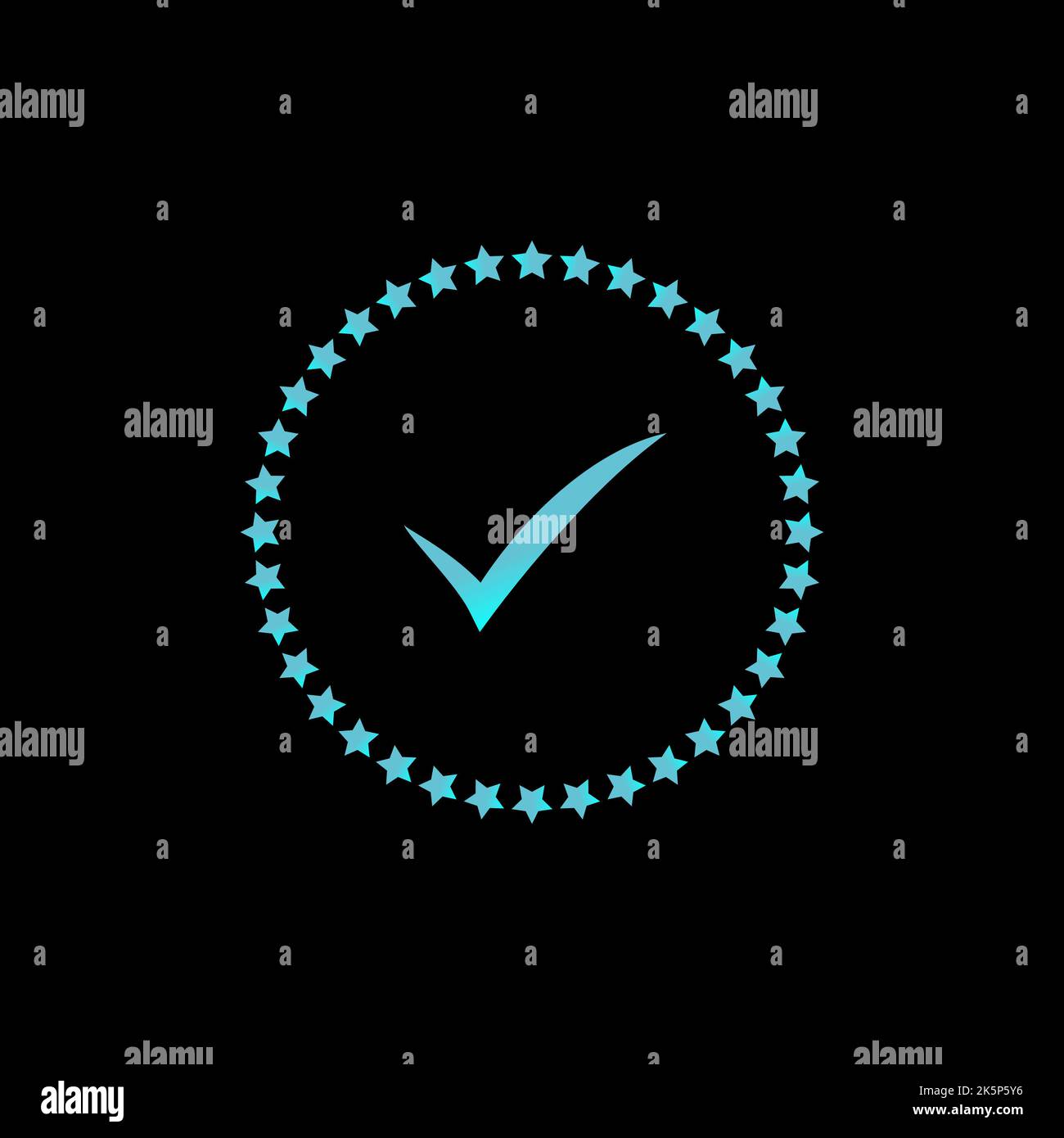 Approved or certified medal icon with star circle in glowing techno ...