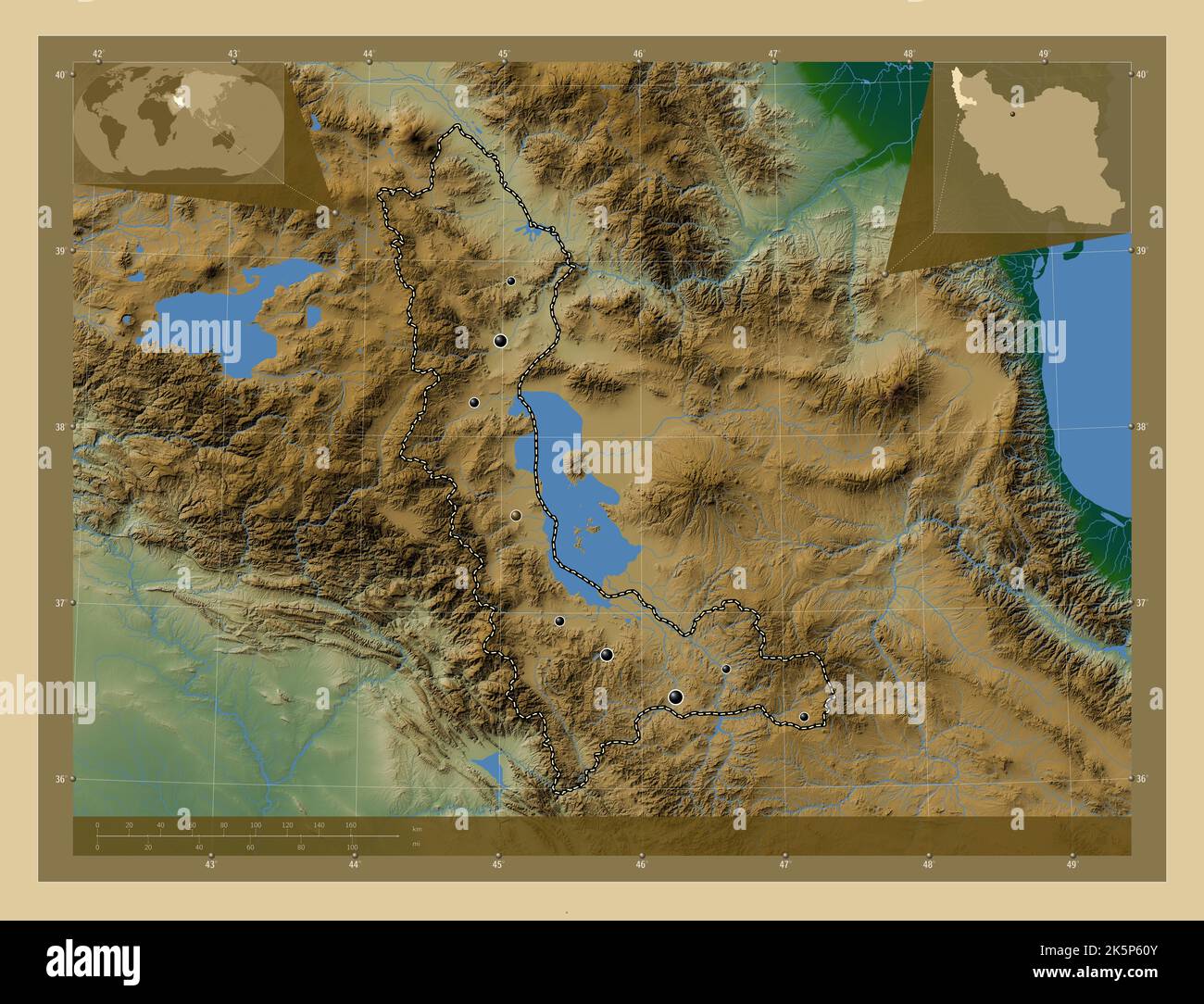 West Azarbaijan, province of Iran. Colored elevation map with lakes and ...