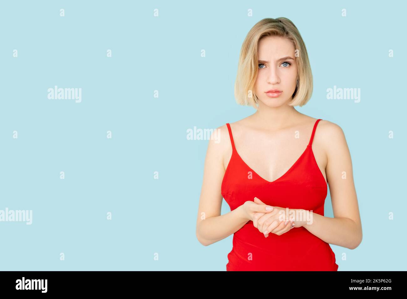 Skeptic woman. Disbelief hesitancy. Nervous problem. Hesitate feelings ...