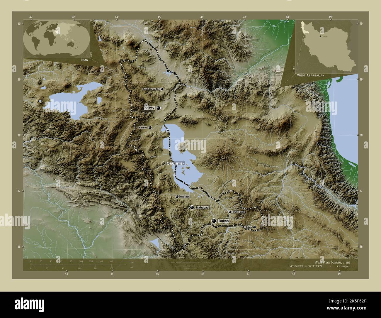 West Azarbaijan, province of Iran. Elevation map colored in wiki style ...