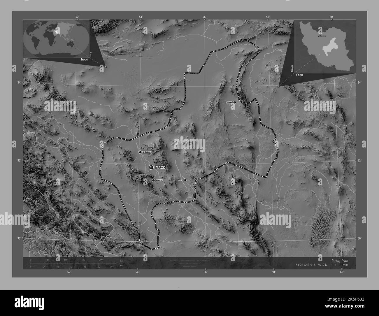 Yazd, province of Iran. Bilevel elevation map with lakes and rivers ...