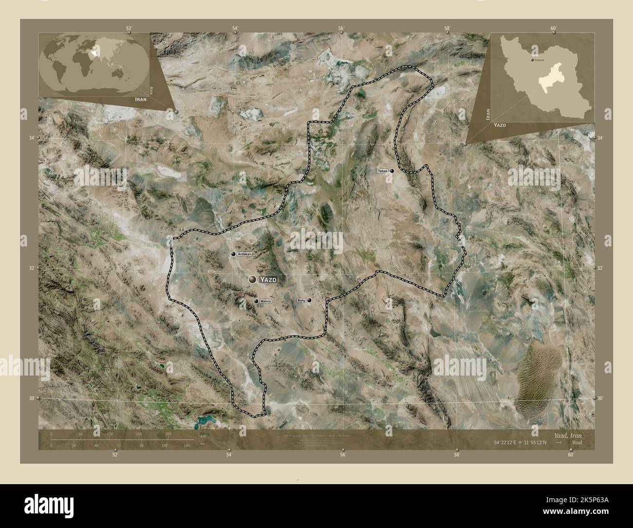 Yazd, province of Iran. High resolution satellite map. Locations and ...