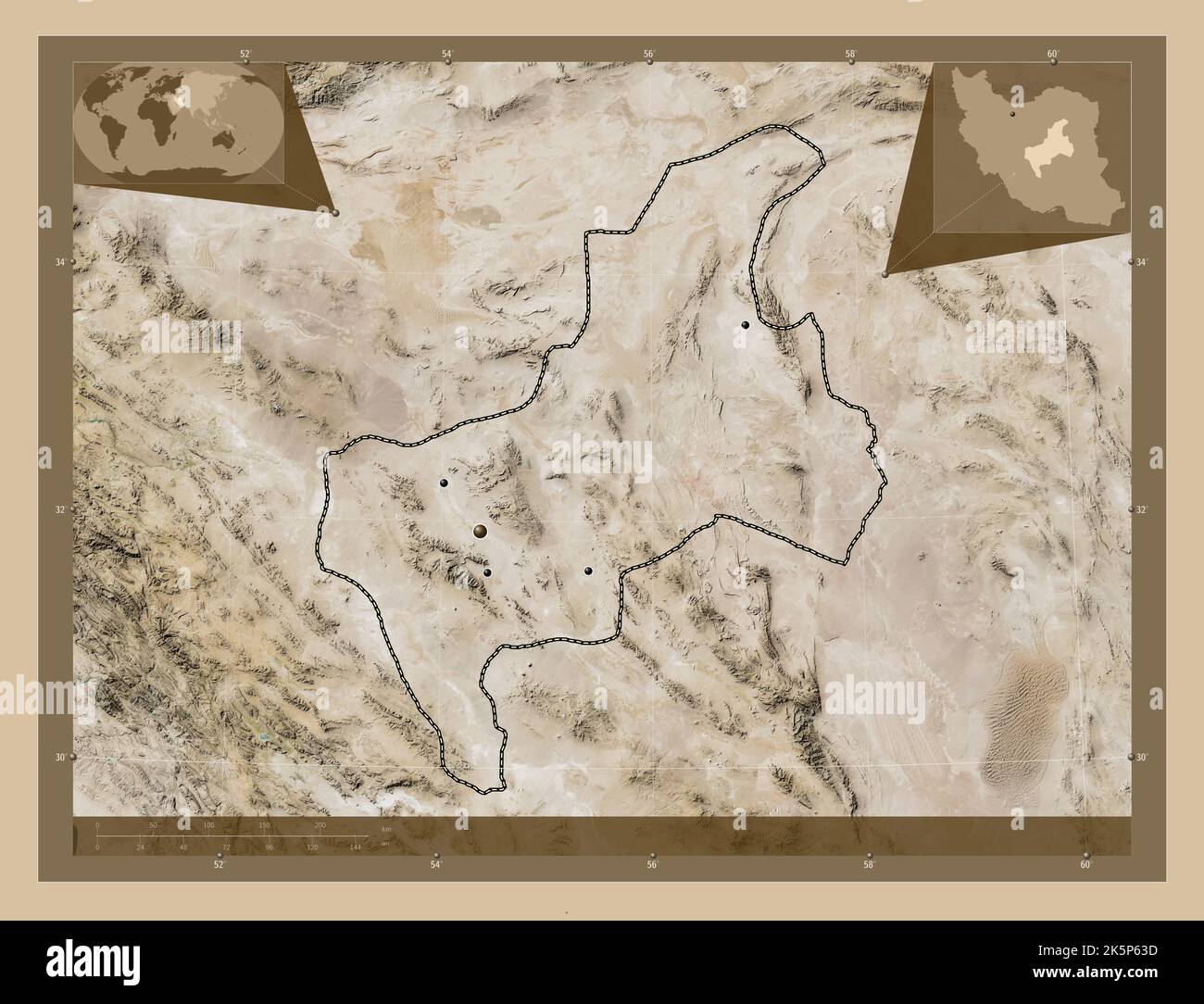 Yazd, province of Iran. Low resolution satellite map. Locations of ...