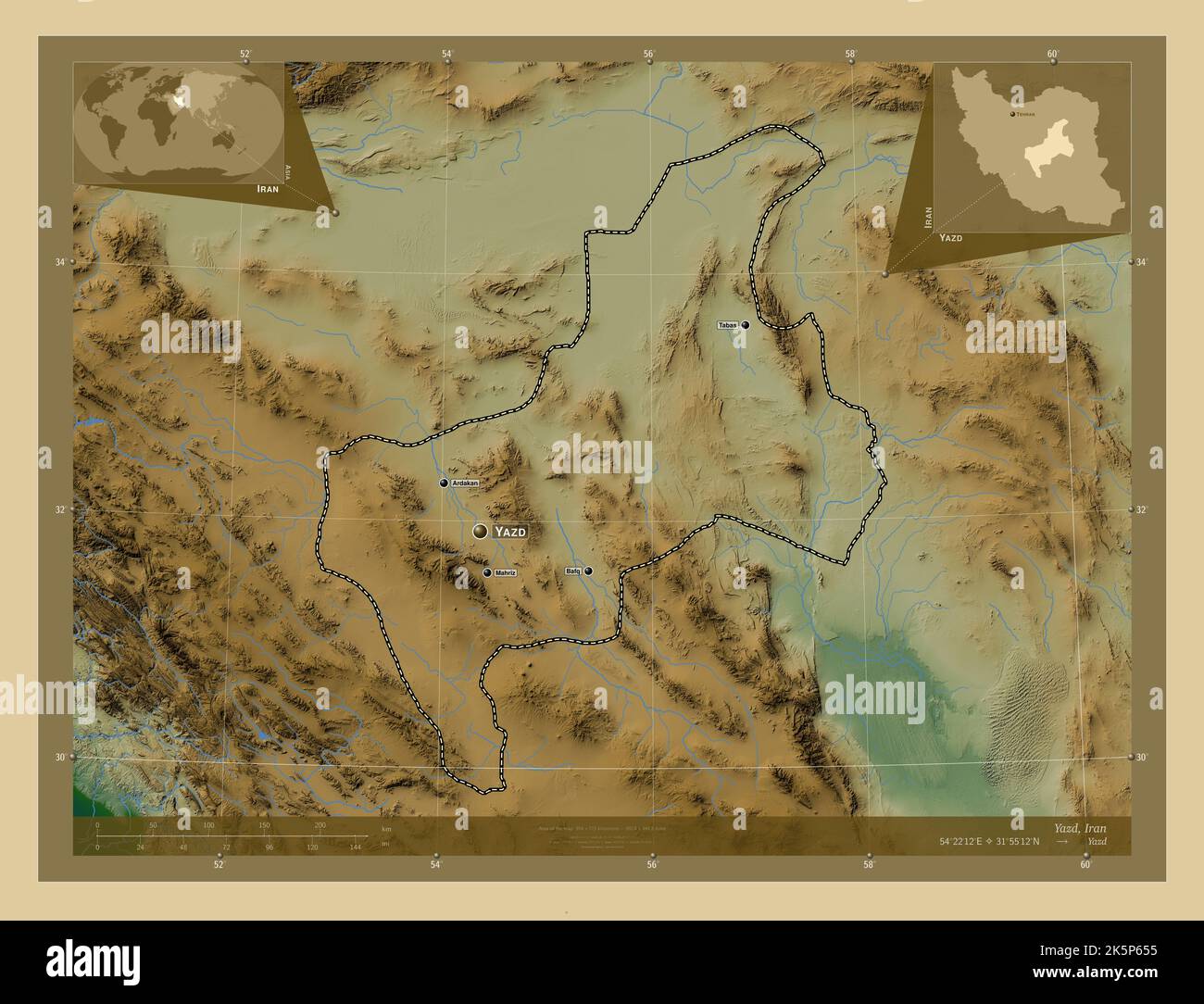 Yazd, province of Iran. Colored elevation map with lakes and rivers ...