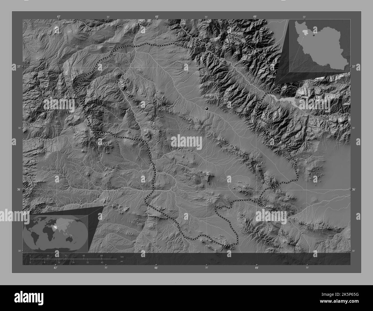 Zanjan, province of Iran. Bilevel elevation map with lakes and rivers ...
