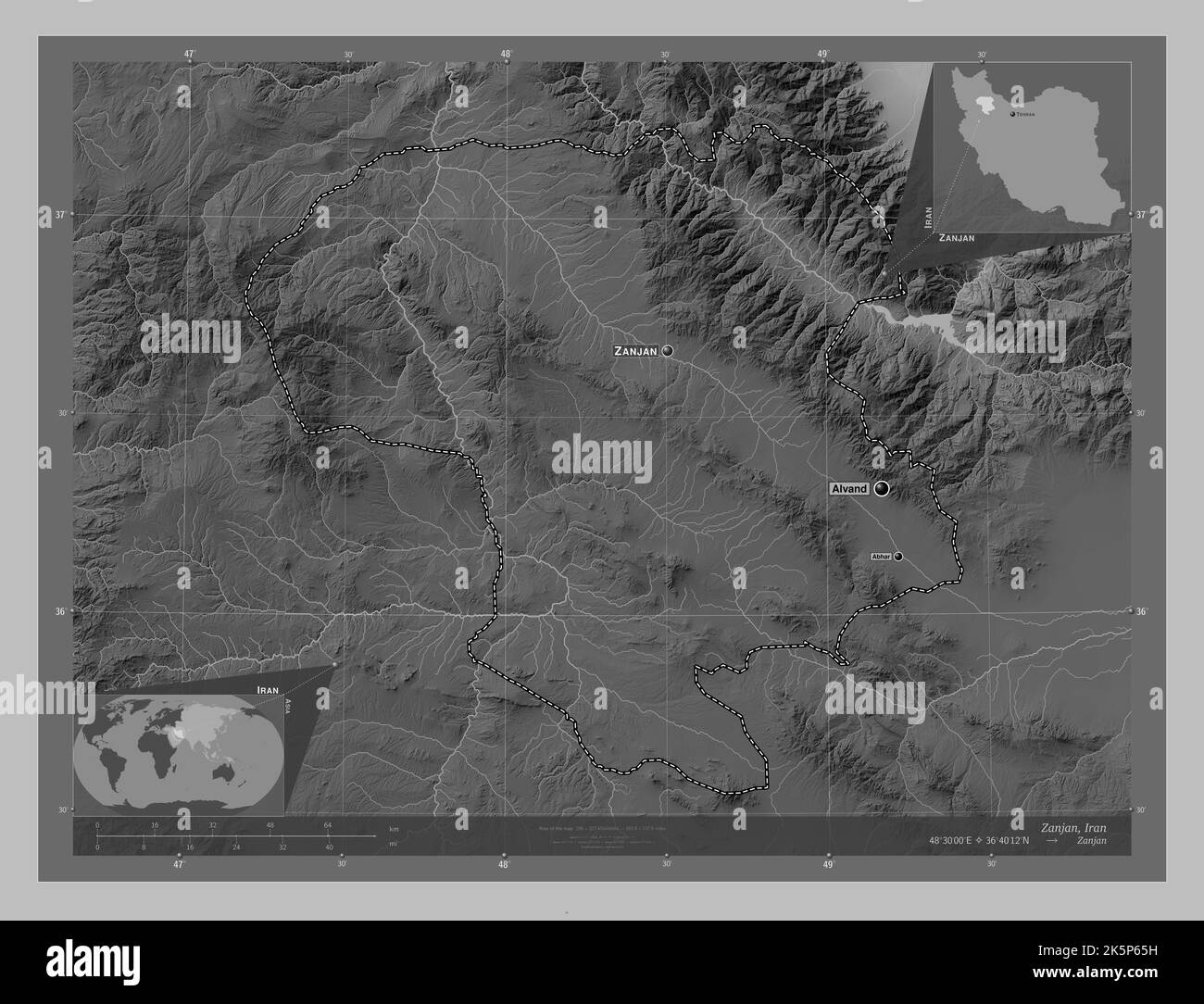 Zanjan, province of Iran. Grayscale elevation map with lakes and rivers ...