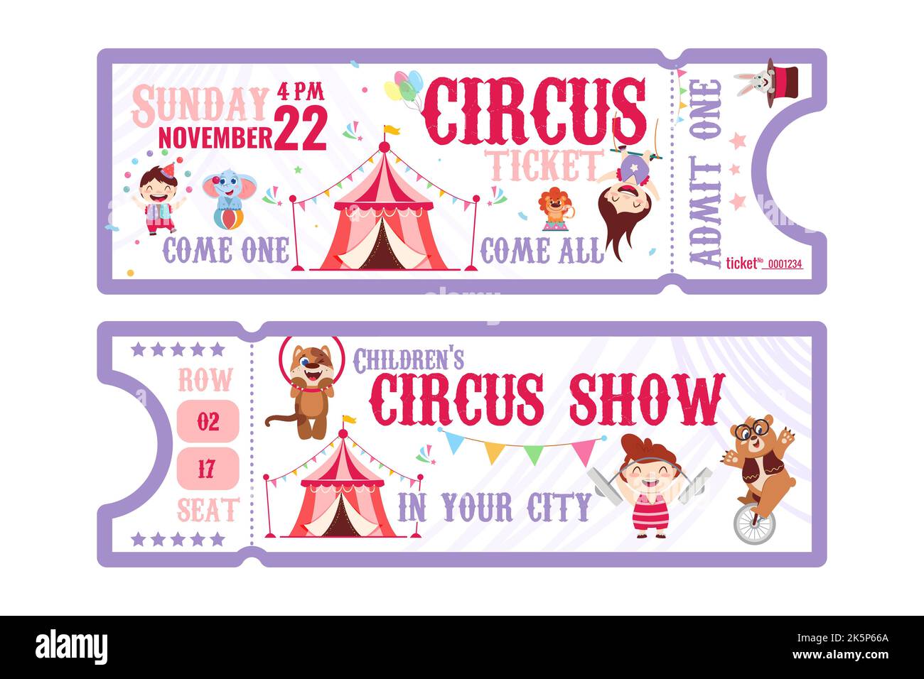 Circus ticket pass template with animal artists, strongman, acrobat and ...