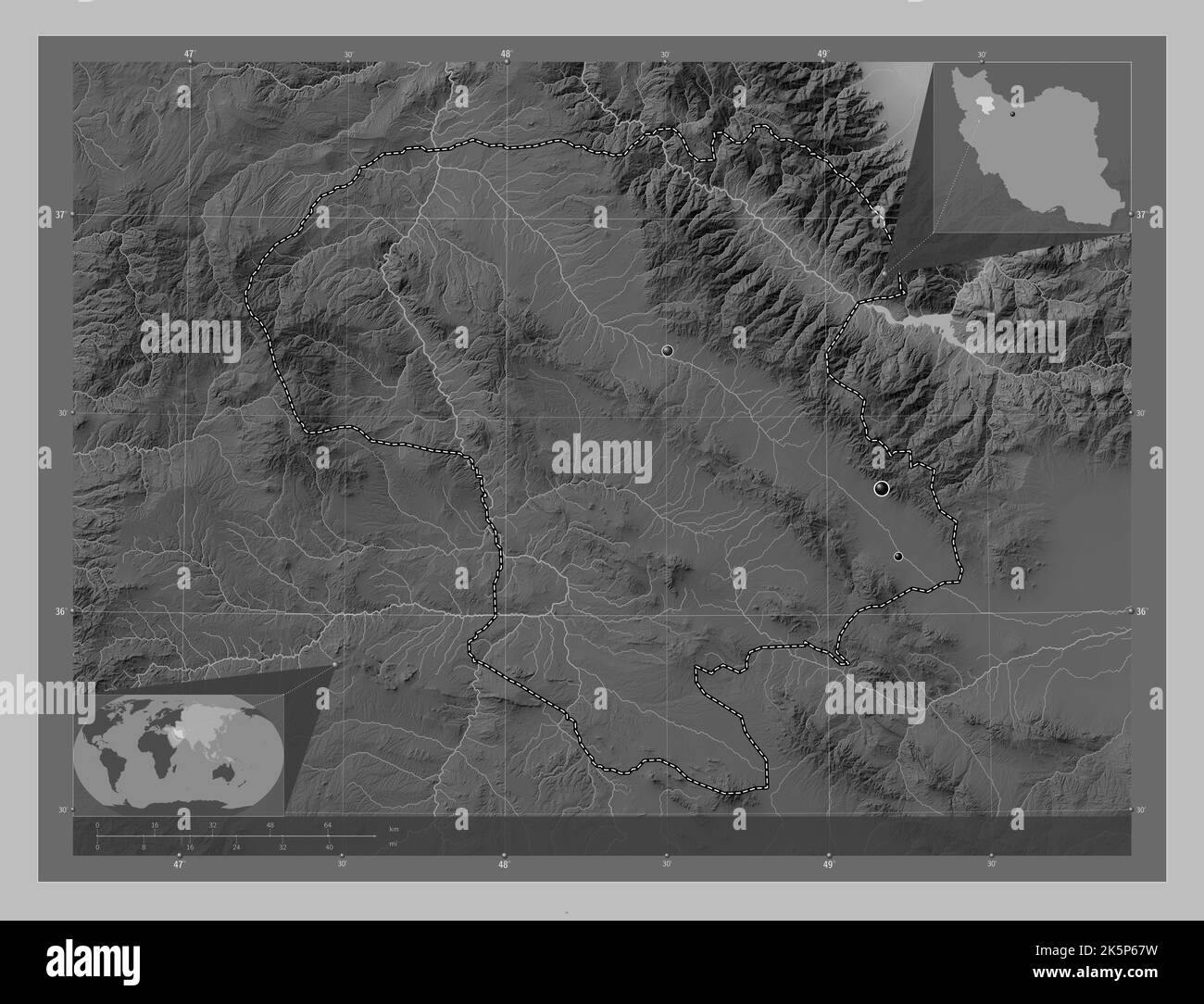 Zanjan, province of Iran. Grayscale elevation map with lakes and rivers ...