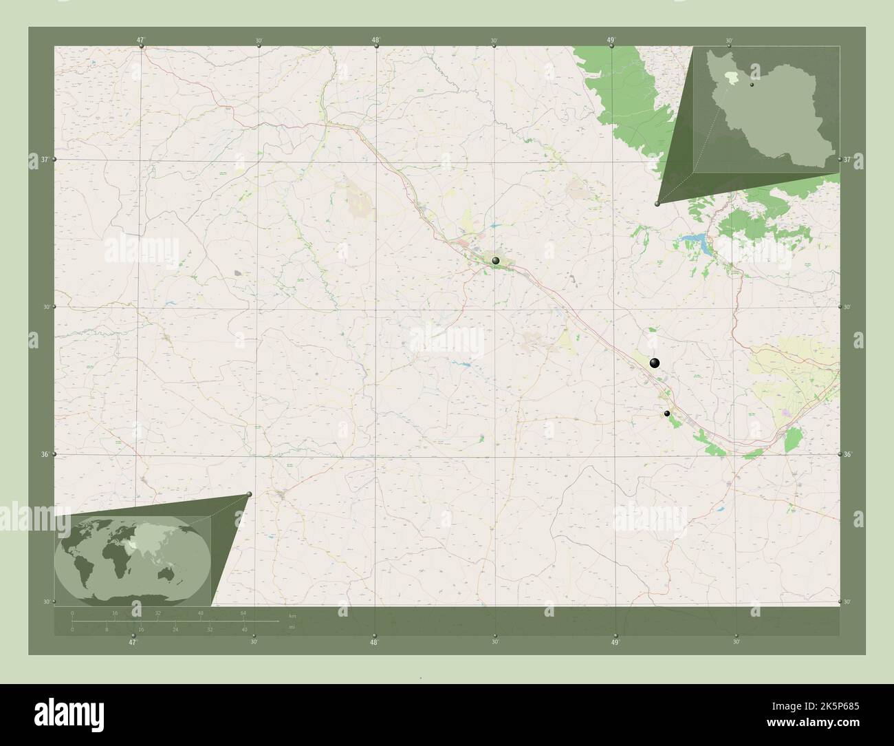 Zanjan, province of Iran. Open Street Map. Locations of major cities of ...