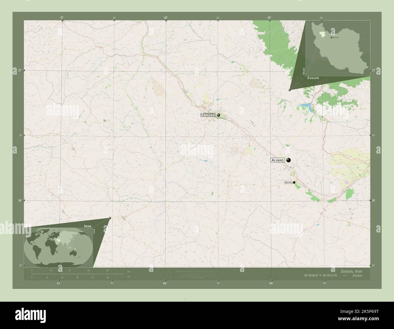 Zanjan, province of Iran. Open Street Map. Locations and names of major ...