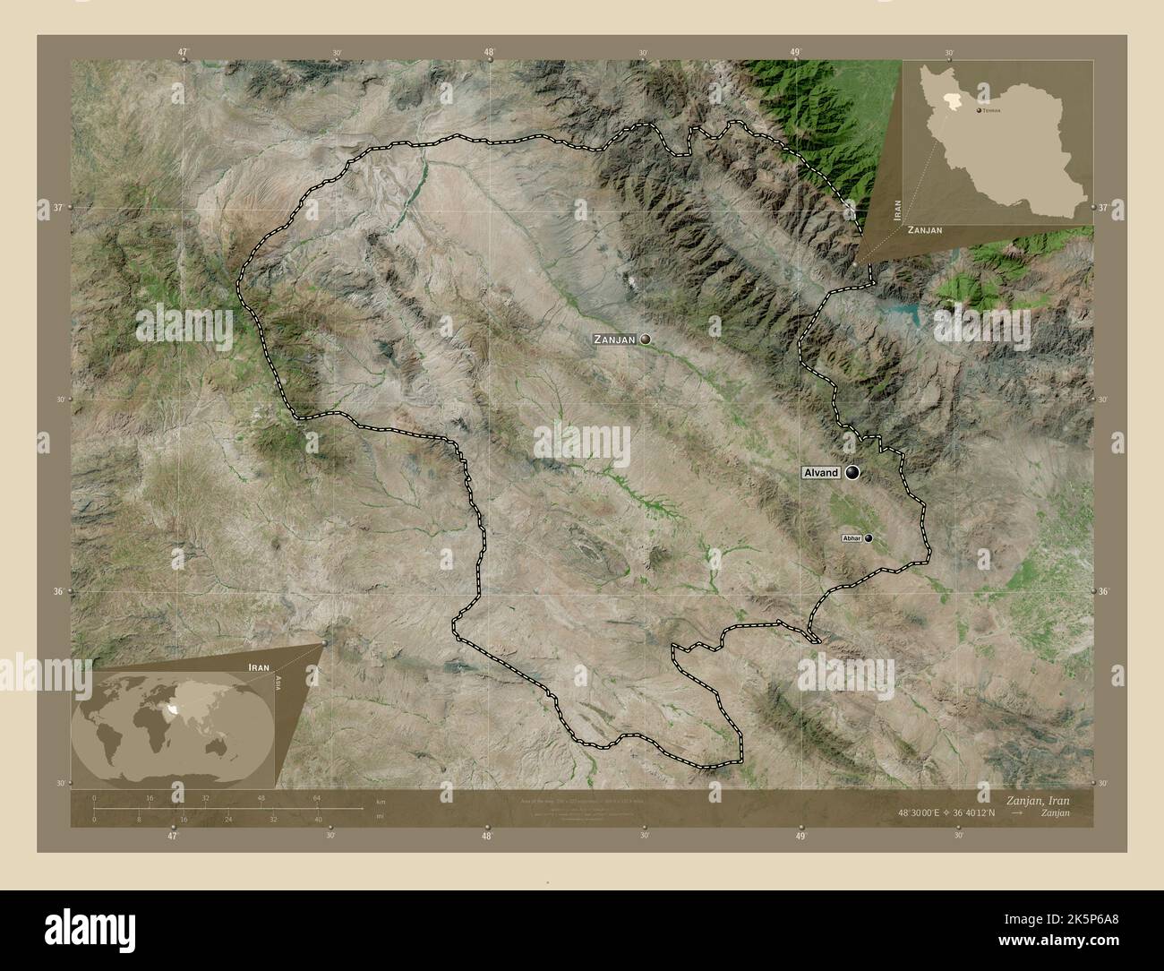 Zanjan, province of Iran. High resolution satellite map. Locations and ...