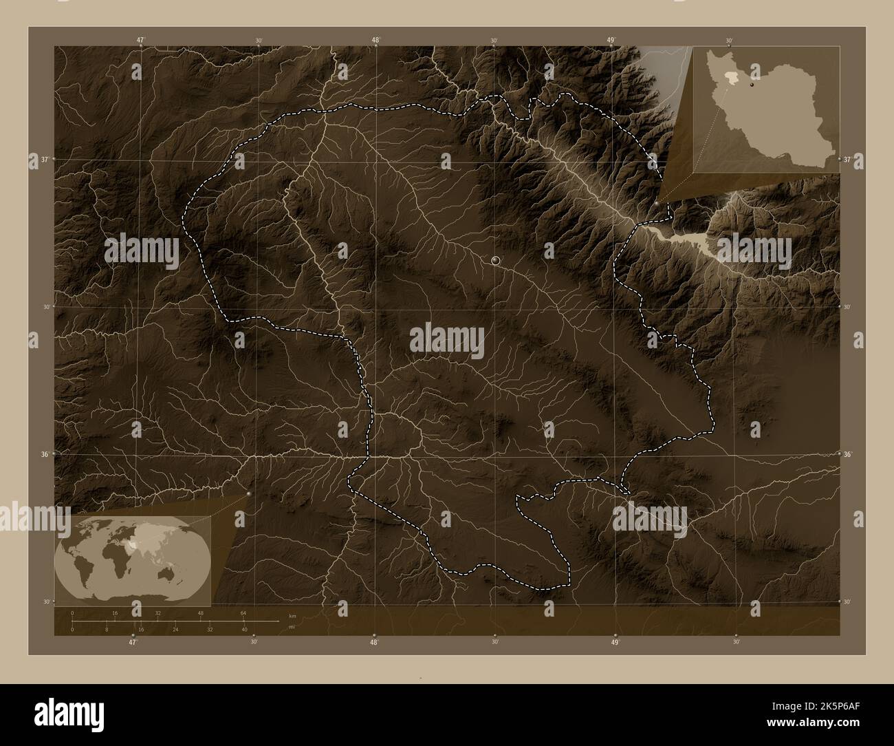 Zanjan, province of Iran. Elevation map colored in sepia tones with ...