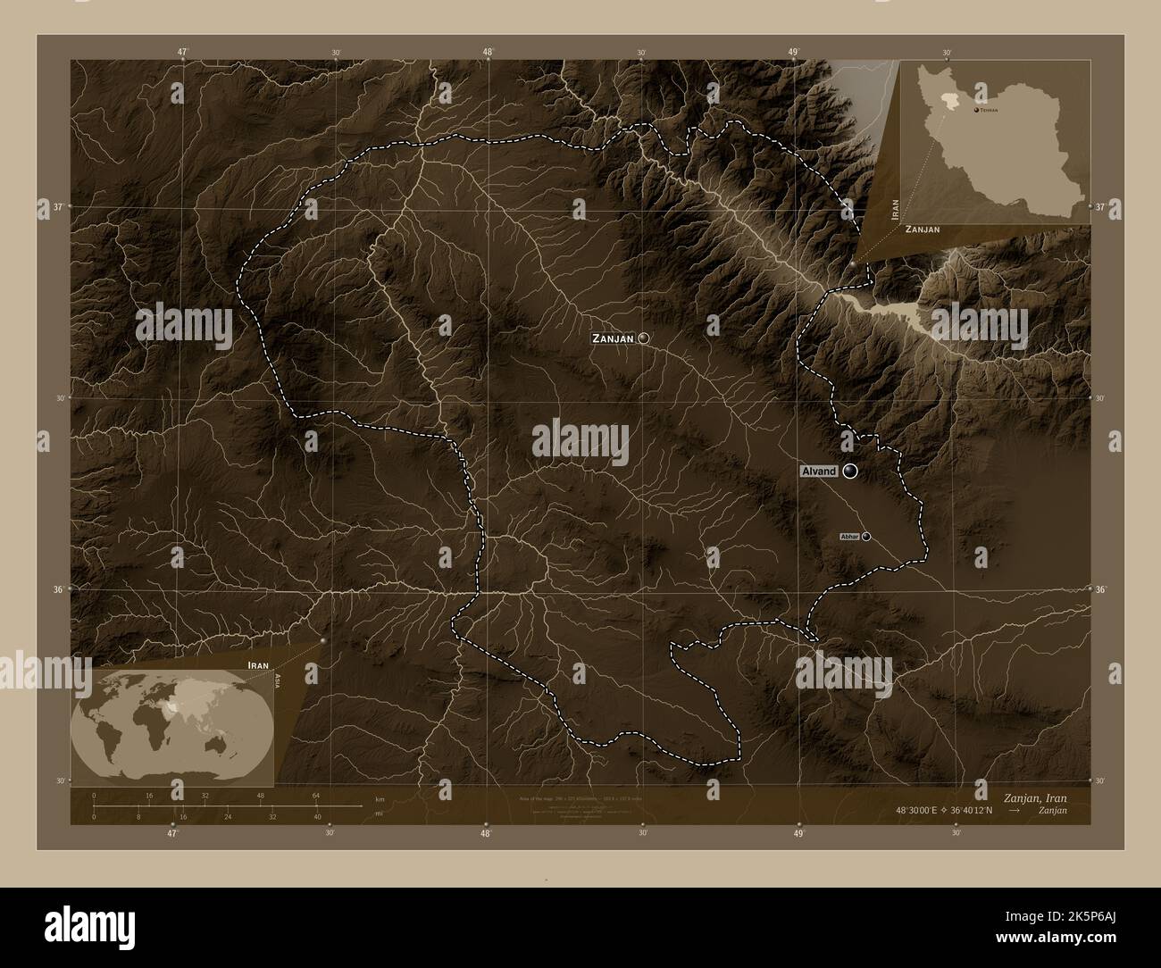 Zanjan, province of Iran. Elevation map colored in sepia tones with ...