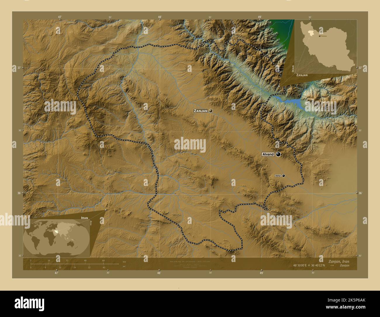 Zanjan, province of Iran. Colored elevation map with lakes and rivers ...
