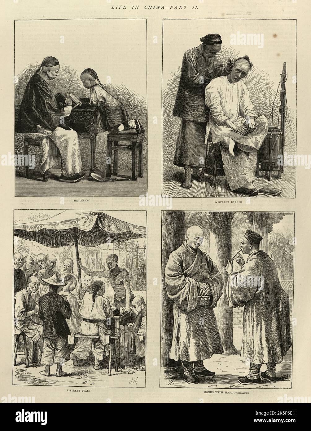 Vintage illustration of scene from life in china, 1870s, lesson, barber ...