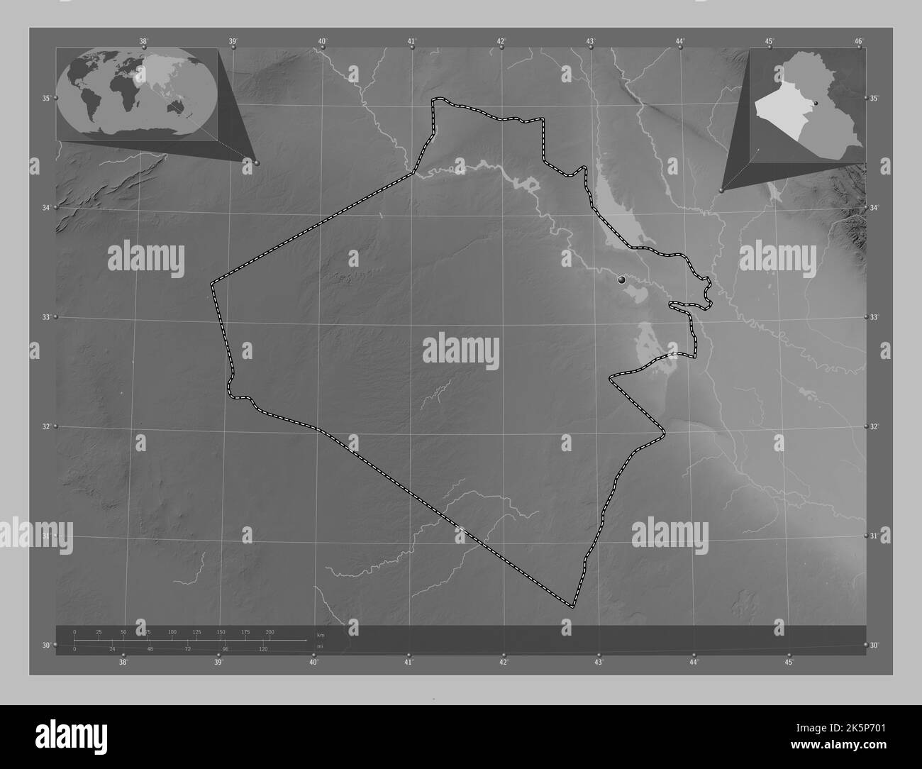 Al-Anbar, province of Iraq. Grayscale elevation map with lakes and ...