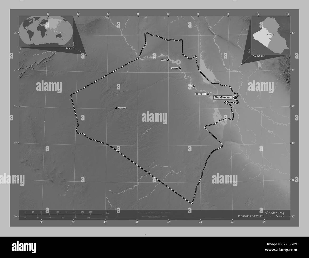 Al-Anbar, province of Iraq. Grayscale elevation map with lakes and rivers. Locations and names ...