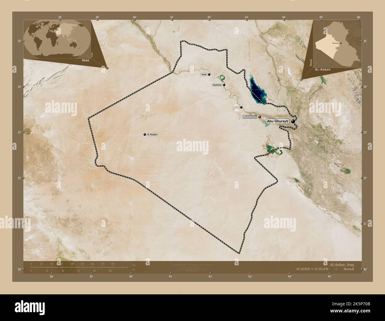 Al-Anbar, province of Iraq. Low resolution satellite map. Locations and names of major cities of ...