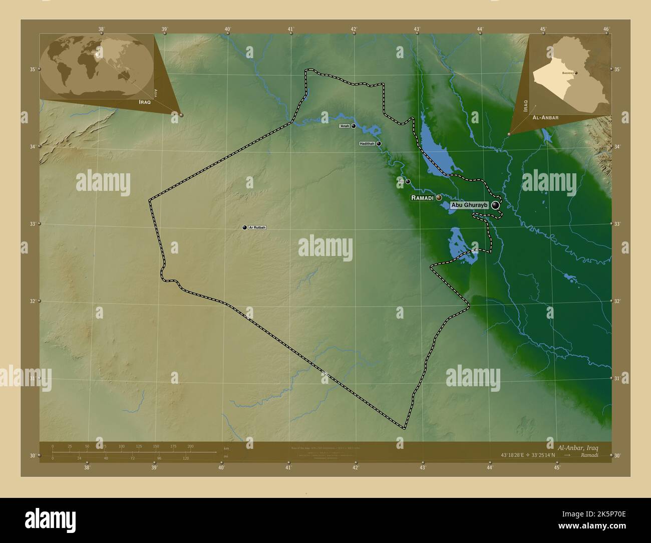 Al-Anbar, province of Iraq. Colored elevation map with lakes and rivers ...