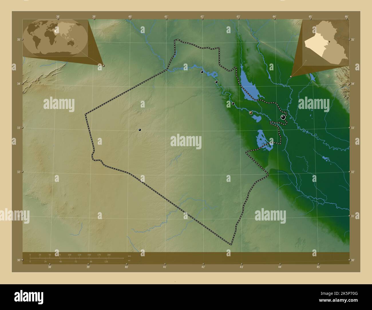 Al-Anbar, province of Iraq. Colored elevation map with lakes and rivers ...