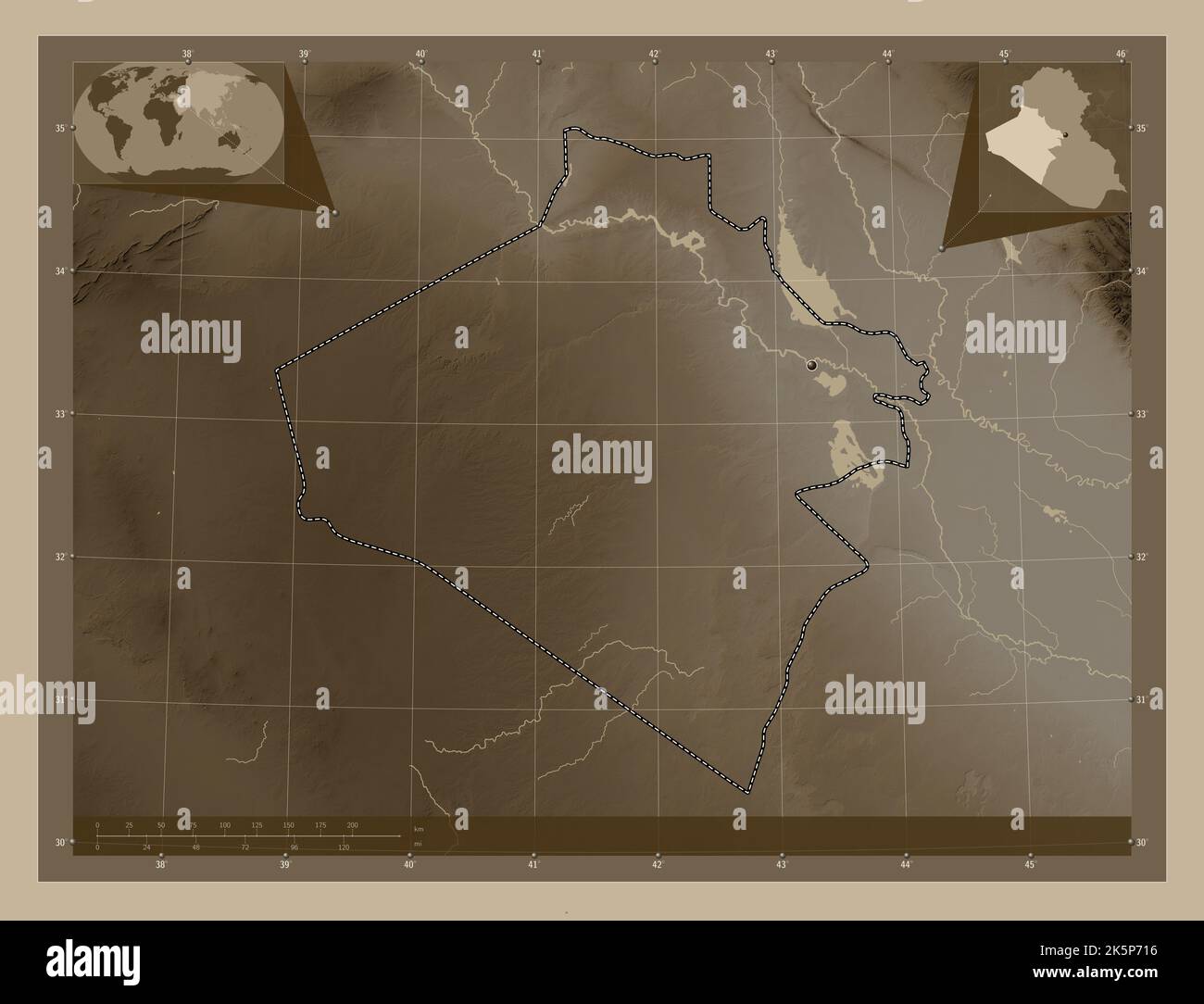 Al-Anbar, province of Iraq. Elevation map colored in sepia tones with ...