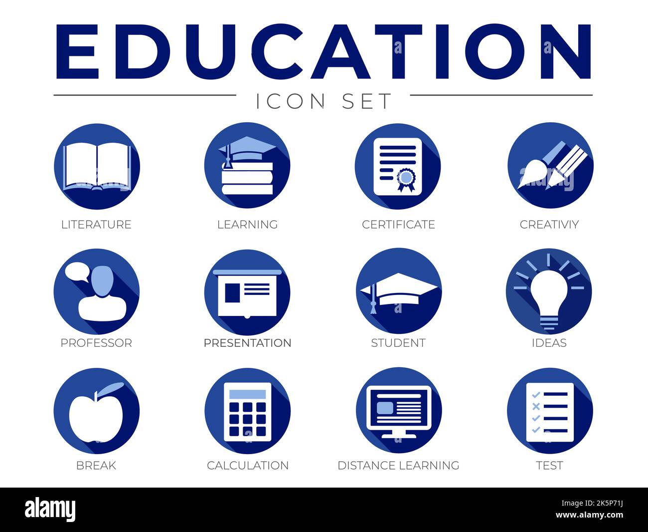 Blue Education Icon Set with Literature, Learning, Certificate ...