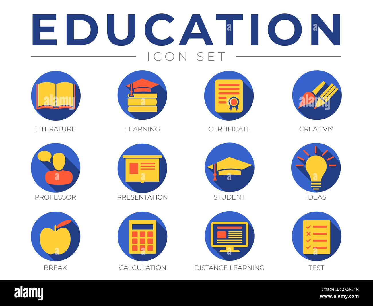 Colorful Education School Icon Set. Literature, Learning, Certificate ...