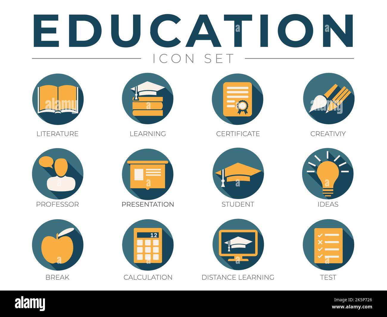 Yellow and Blue Education School Icon Set. Literature, Learning ...