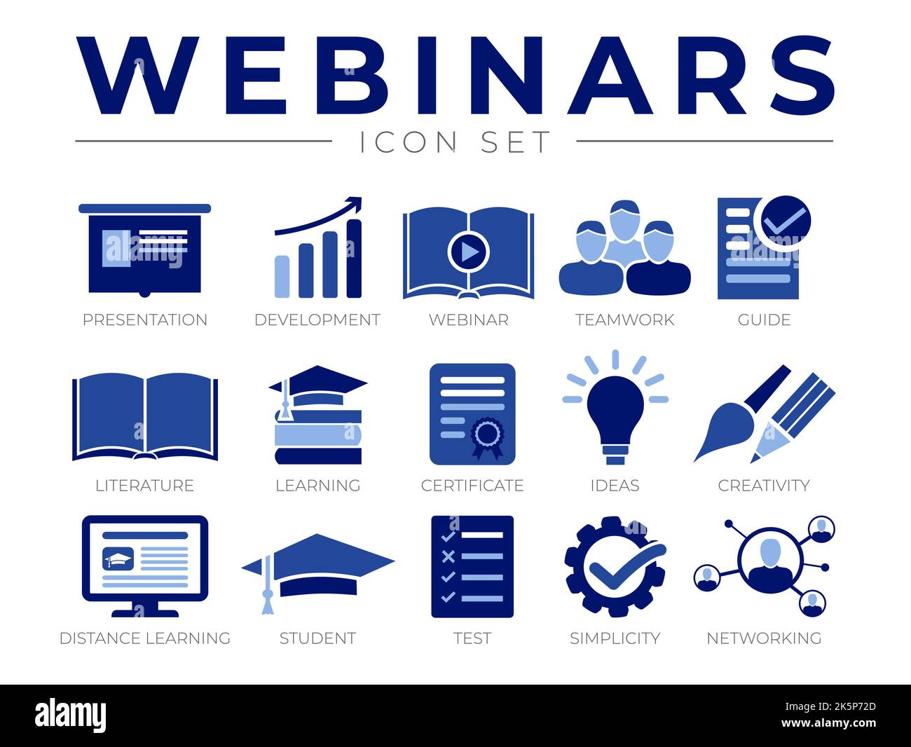 Blue Colorful Webinar Icon Set. Presentation, Development, Webinars ...