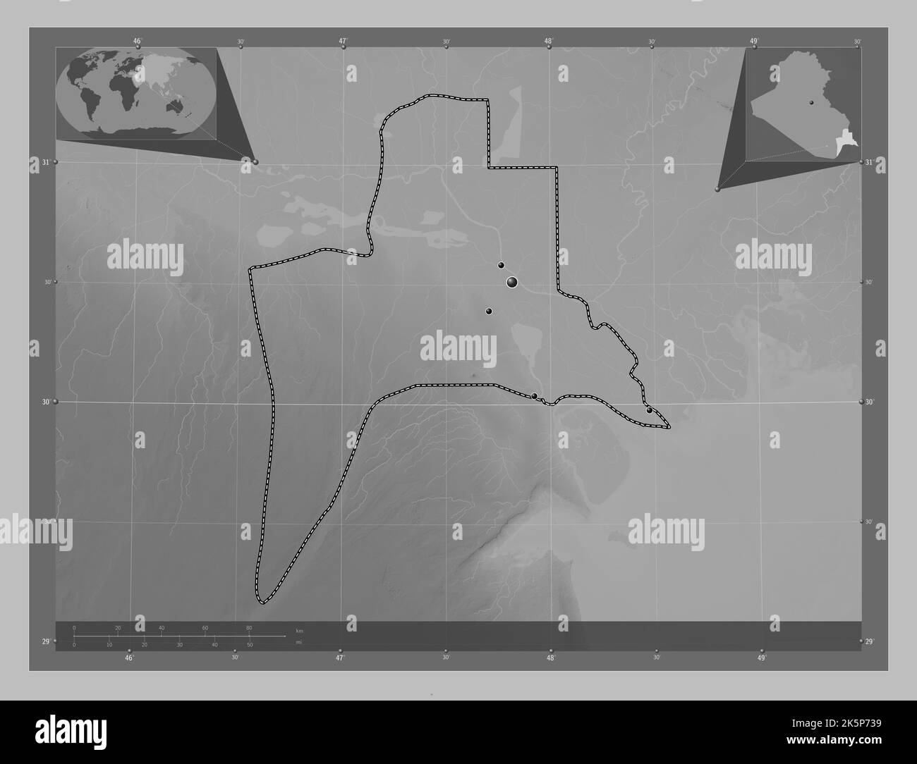 Al-Basrah, province of Iraq. Grayscale elevation map with lakes and ...