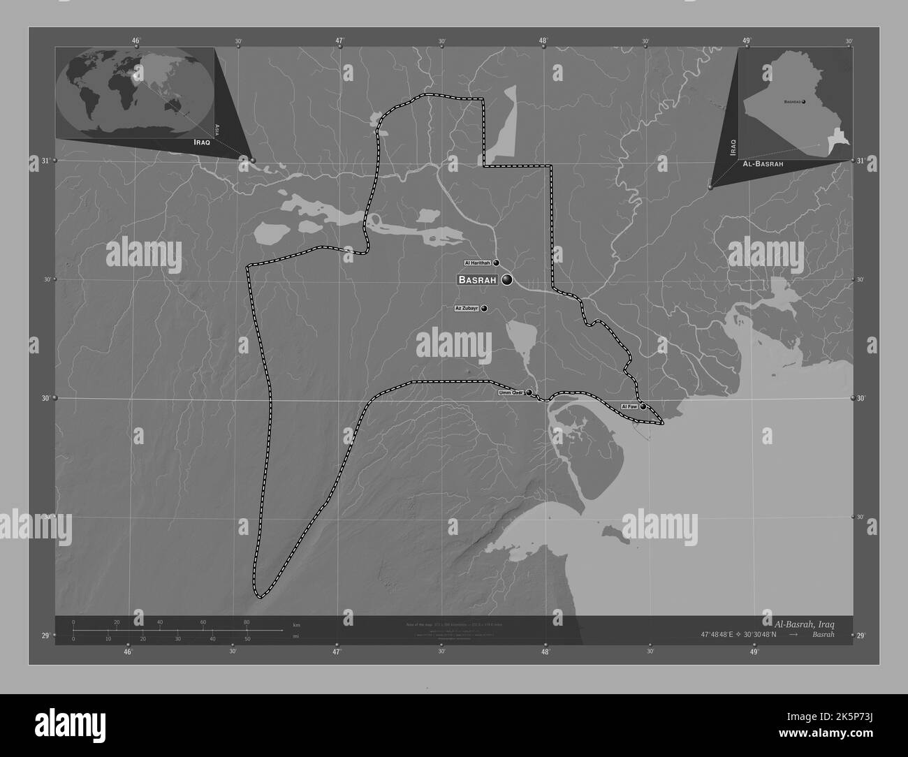 Al-Basrah, province of Iraq. Bilevel elevation map with lakes and rivers. Locations and names of ...
