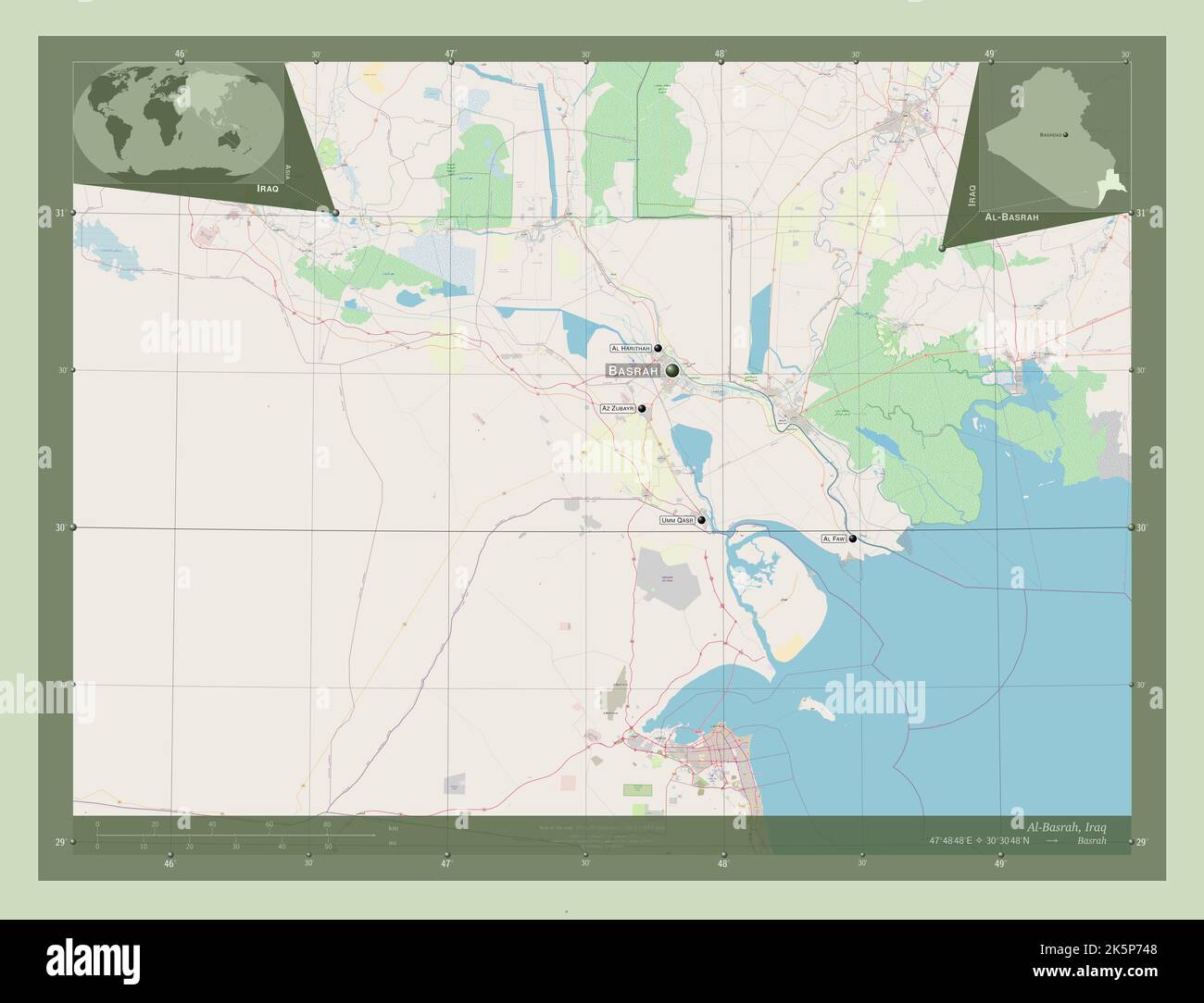 Al-Basrah, province of Iraq. Open Street Map. Locations and names of ...