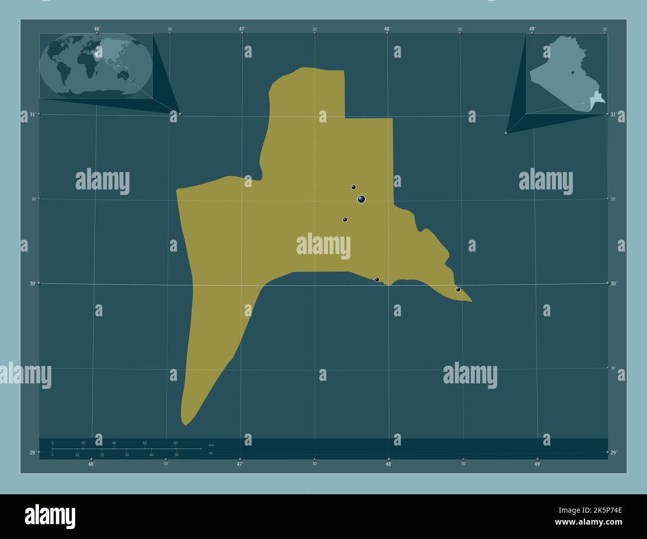 Al-Basrah, province of Iraq. Solid color shape. Locations of major ...